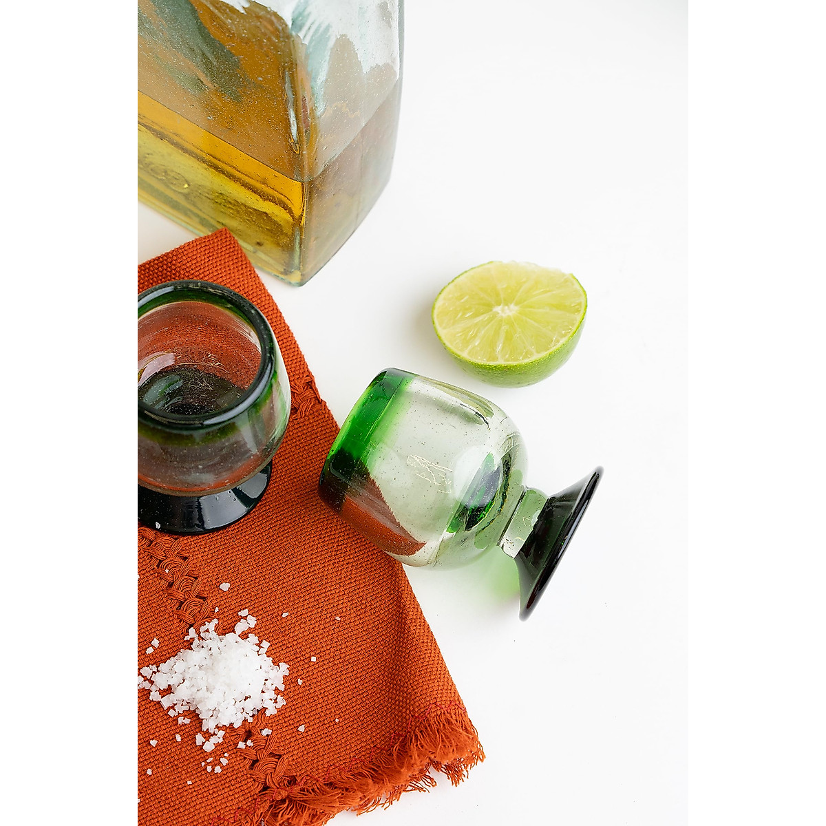 MEXTEQUIL - Authentic Mexican Tequila Hand Blown Shot Glasses - Set of 4-2 oz - Mini Glass Snifters - Heavy Base - Cognac (Green Rim)