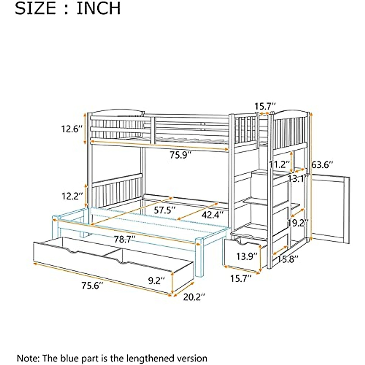 ATH-S Twin Over Full/Twin Stairway Bunk Bed with Storage Shelves and Drawers Wood Convertible Bottom Bed Bedroom Furniture for Adults, No Spring Box Needed,White (Color : White)
