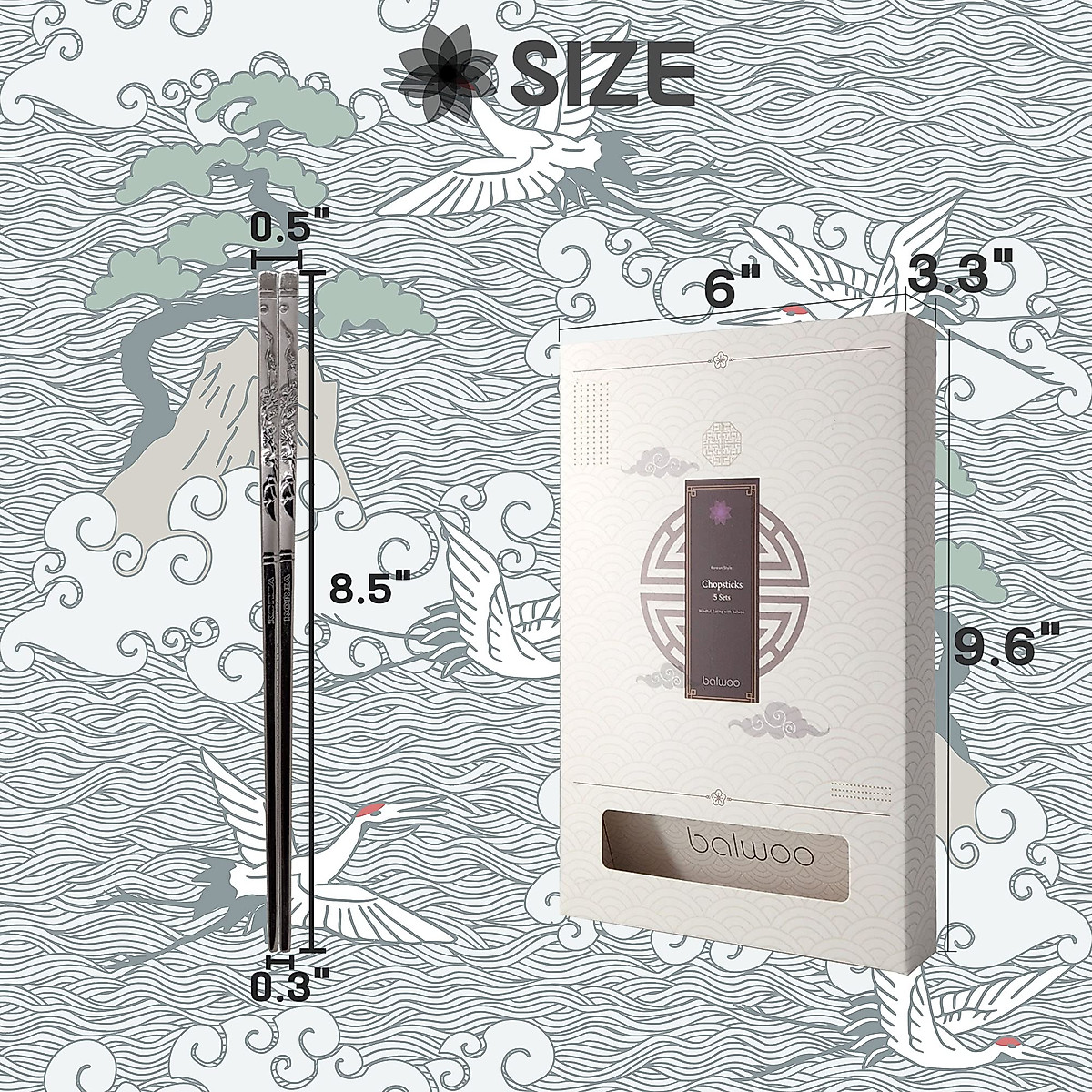 BALWOO Chopsticks [Made in Korea][5 Sets] 430 Premium Stainless Steel Chopsticks, Chopsticks Flatware, Mukbang Kitchen Utensil, Cutlery Silverware Stainless Tableware Metal Chopsticks (Crane)