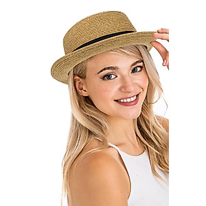 Pork-Pie-Hat-for-Men-Women Straw-Boater-Hat Summer-Sun-Derby-Fedora with Bowknot