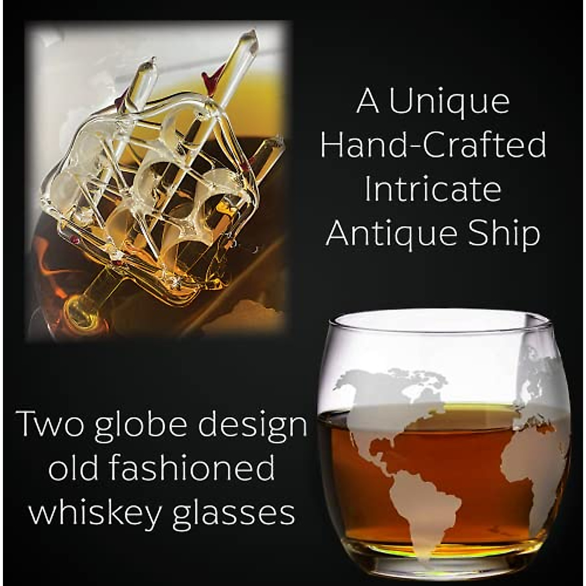 SALE | Whiskey Decanter Globe Set with 2 Etched Globe Whisky Glasses - Included - Whiskey Stones, Ice Tong, Coasters - Gifts For Men Dad - Liquor, Bourbon, Scotch, Vodka with a Wood Stand - 850ml