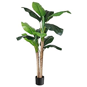 Worth Garden 5ft Artificial Banana Tree 59inch.Fake Plant Tropical Palm Tree for Indoor Outdoor, Realistic,Faux Silk Plants in Pot for Home Office Decoration,Black Pot & 20g Dry Green Moss Included