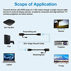HDMI Over Ethernet Cat5e / Cat6 RJ45 Ethernet Cable, Male to Male HDMI to RJ45 Ethernet Network Converter 2 Ports up to 196ft/60m Transmitter Receiver Power On Support Full 1080p from Displays
