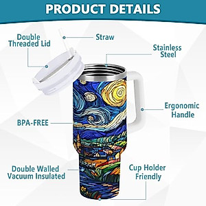 RPLIFE Village River Mountain Starry Sight Style Stainless Steel Tumbler, Insulated Cup with Straw, Coffee Tumbler for Women