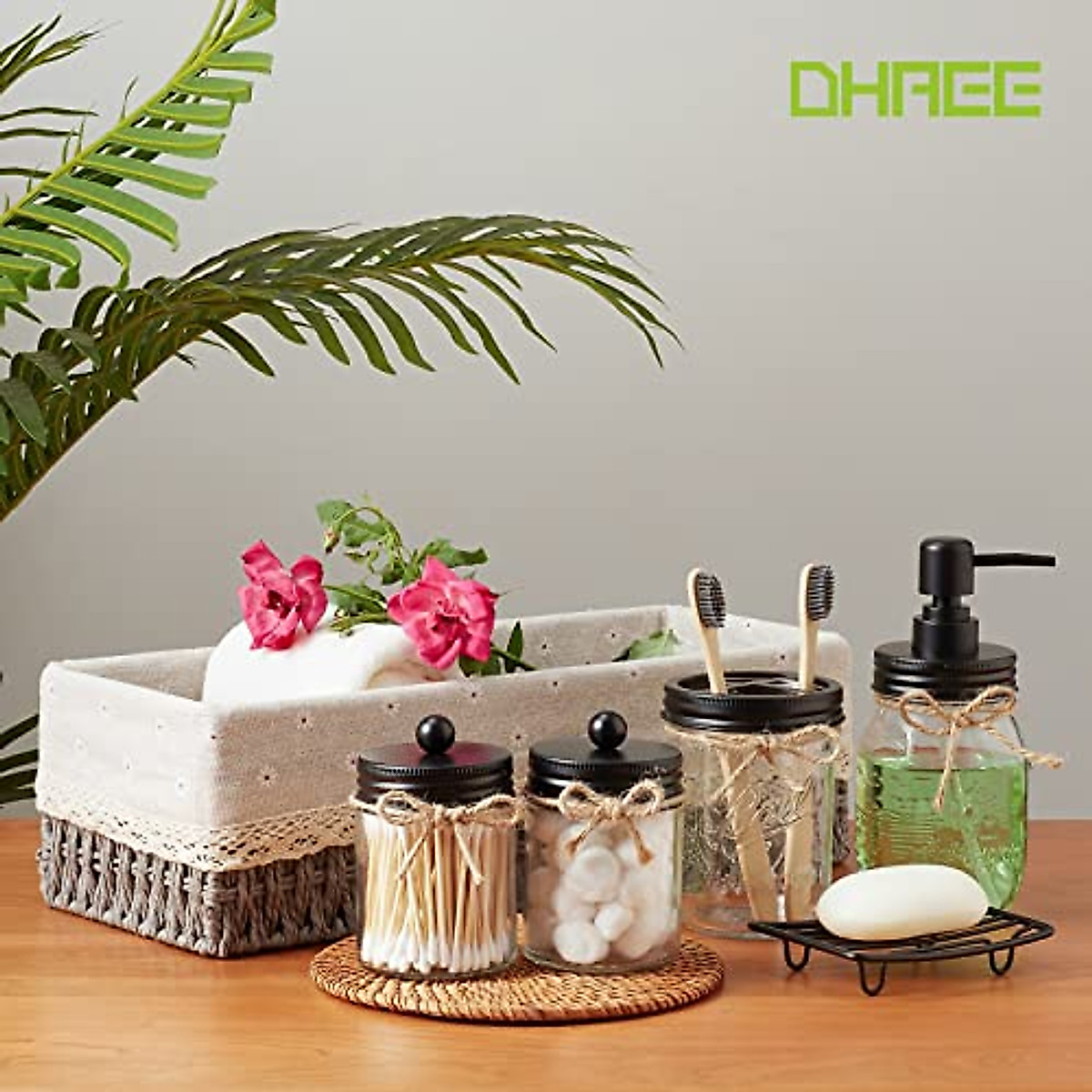 DHAEE Bathroom Storage Set(6PCS) - Storage Basket for Organizing,Mason Jar,Apothecary Jar,Toothbrush Holder,Lotion Soap Dispenser,Soap Dish,Home,Farmhouse,Rustic Decor Accessories Sets