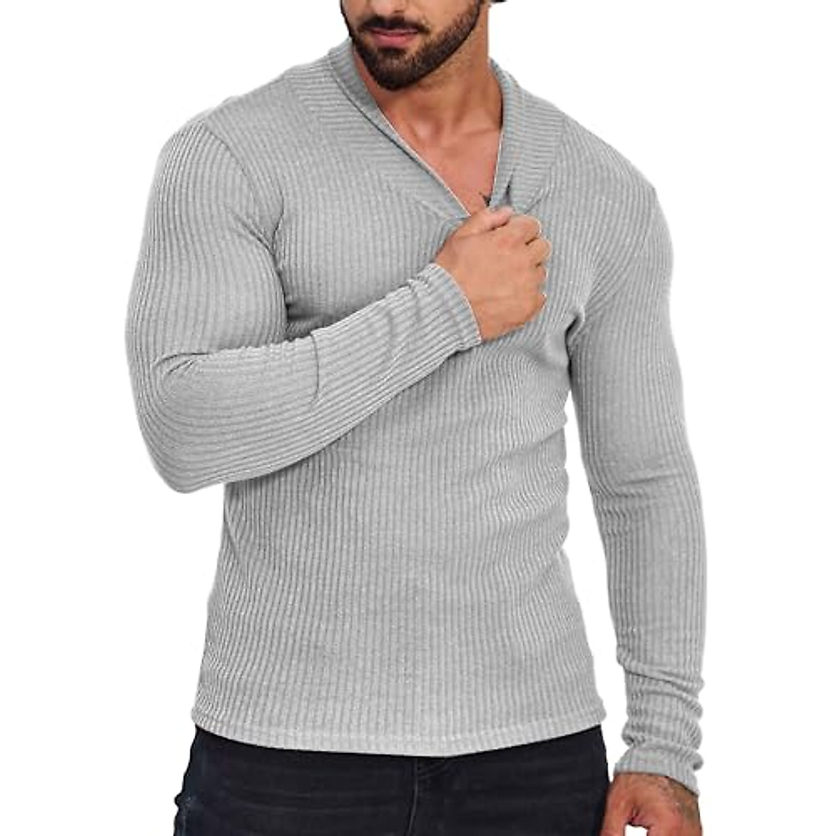 ZAFUL Mens Shawl Collar V Neck Sweater Shirts Lightweight Long Sleeve T Shirts Fitted Knitted Pullover Thermal Top Light Grey