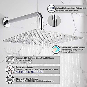 RODDEX Square Rain Shower Head, High Pressure Rainfall Showerhead, Large Fixed Stainless Steel Polished Chrome Shower Rain, 12 Inch Rainhead + 15 Inch Extension Arm