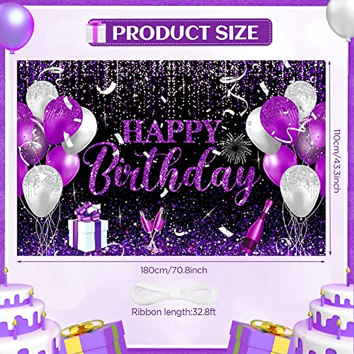 Black Purple and Silver Birthday Decoration Banner, Large Happy Birthday Banner for Girls Women Men Purple and Black Birthday Theme Party Backdrop for Birthday Background, 71x 43.3 Inches