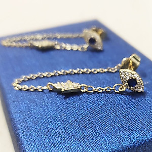 Blue Evil Eye Protection Hamsa Hand of Fatima Ear Jacket Dangle Drop Earrings for Women 925 Sterling Silver Post Pin Delicate Fashion Statement Sparkling Cubic Zircon Crystal Stud Dainty Protection Lucky Jewelry Gifts Daughter Friendship Birthday BFF (Gol