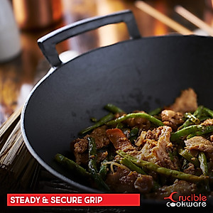 Crucible Cookware 14-Inch Cast Iron Wok Set (Pre-Seasoned), Glass Lid & Silicone Hot Handle Holders