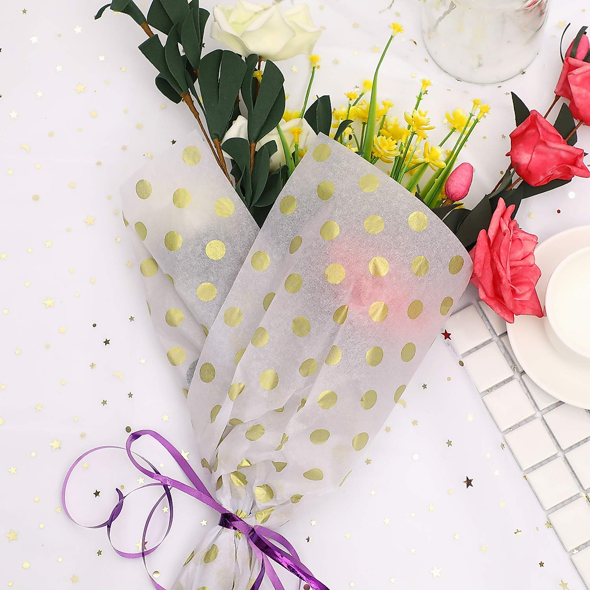 Teemico 50 Sheets Polka Dots Tissue Paper Gold Foil Dot Wrapping Paper Metallic Wrapping Tissue Paper Polka Dot Gift Bags Wrapping Paper, 20x 28 inches