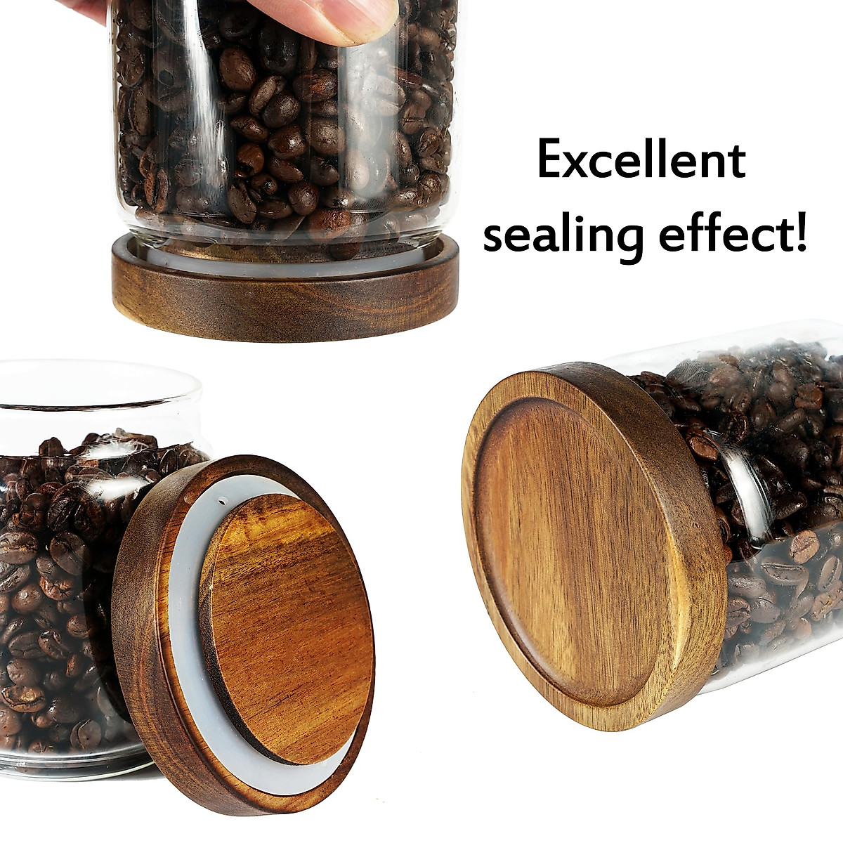 Yeahey Glass storage jars with wooden lids, food storage jars, glass kitchen jars, transparent containers for coffee bean storage, biscuit/candy/spice/tea/Pasta/Nuts storage jars (15oz*2)