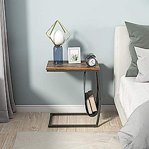 CubiCubi Sofa Side Table, C Table End Table with Side Pocket, Snack Table for Living Room Couch, Deep Brown