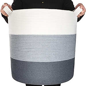 MINTWOOD Design 83L Extra Large 20x18 Inches Decorative Woven Cotton Rope Basket, Tall Laundry Basket Hamper, Blanket Basket for Living Room, Round Storage Baskets for Pillows, Towel, 3-Tone Dark Gray