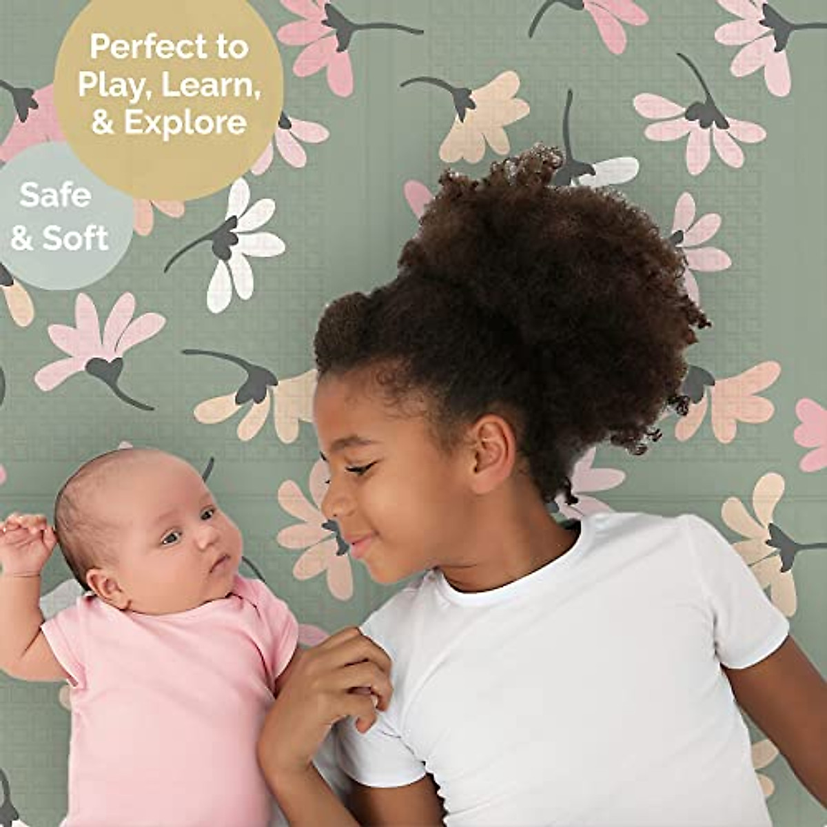 JumpOff Jo - Large Waterproof Foam Padded Play Mat for Infants, Babies, Toddlers, Play Pens & Tummy Time, Foldable Activity Mat, 70 in. x 59 in. - Garden Party