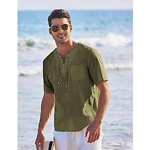 COOFANDY Men Cotton Linen Shirts Lace Up Short Sleeve Beach Shirts Casual Hippie Yoga Renaissance Tunic