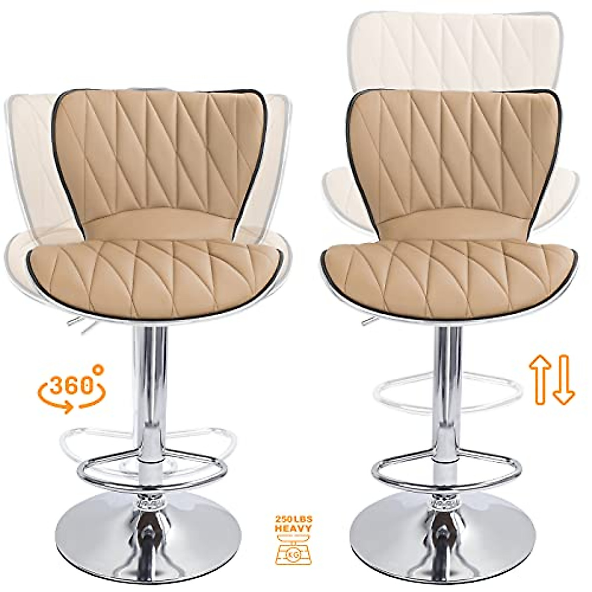 JONAFORS Premium Adjustable Swivel Bar Stools,Kitchen Counter Bar Stools PU Leather Padded with Back, Set of 2, Khaki