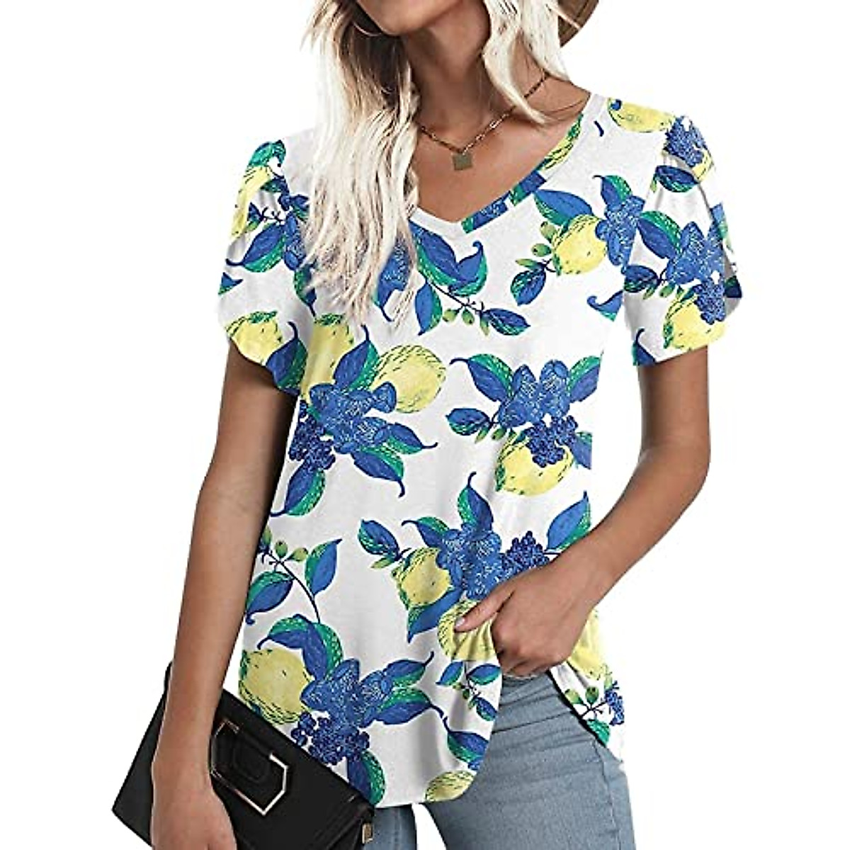 Women V Neck Printed T Shirt Casual Loose Pullover Short Sleeve Tops Cotton Blouses for Women Summer,Dressy Tops for Women Indian