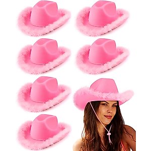 Tarpop 6 Pack Cowboy Hat Boa Cowgirl Hat Felt Cowboy Hat with Feather for Women Girl Western Party Costume Accessories(Pink)