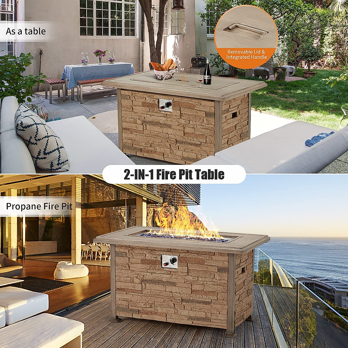 Vicluke 44 Inch Aluminum Propane Fire Pit Table w/Faux Ledgestone, Hand-Painted Table Top, 50,000 BTU Fire Table w/CSA Certification,Wind Guard,Waterproof Cover for Outdoor,Patio,Christmas(Brown)