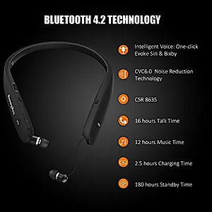 RoomyRoc Bluetooth Headphones, Wireless Neckband Headset Evoking Siri & Bixby with Retractable Earbuds, Sports Sweat-Proof Noise Cancelling Foldable Stereo Earphones with Mic (Black)