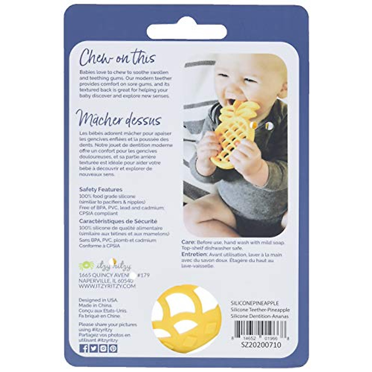 Itzy Ritzy Silicone Baby Teether – BPA-Free Infant Teether with Easy-to-Hold Design & Textured Back Side to Massage & Soothe Sore, Swollen Gums - Teething Toy for 3 Months & Up - Pineapple