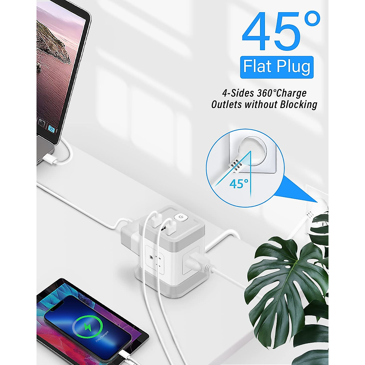 Power Strip with 4 Outlets 3 USB Ports, BEVA Cube Extension Cord Flat Plug Small Desktop Charging Station with 5ft Power Cable Multi Protection for Travel, Cruise Ship, Office, Dorm Room Grey