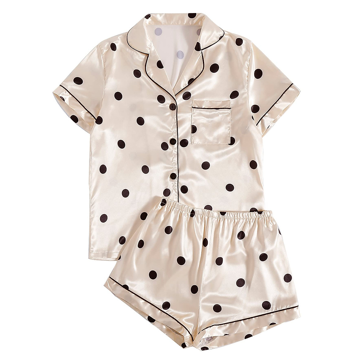 LYANER Women's Polka Dots Silky Satin Pajamas Short Sleeve Top with Shorts Sleepwear PJ Set Beige Small