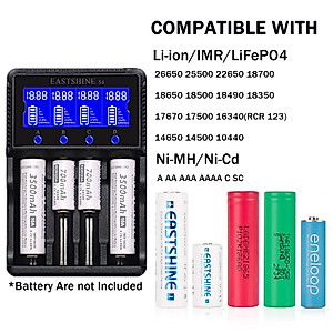 Universal Smart Battery Charger 4 Slots for Rechargeable Batteries 1.2V Ni-MH Ni-Cd AA AAA C 3.2V LiFePO4 3.7V Li-ion IMR 18650 26650 25500 16340 14500 18500 10440 18350 RCR123A LCD Display UL Listed
