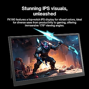 Pixio PX160 Portable Monitor 15.6 inch 60Hz Refresh Rate FHD 1080p Resolution IPS Panel HDR Screen Cover Stand USB-C HDMI Display for Laptop, PC, Console, Phone