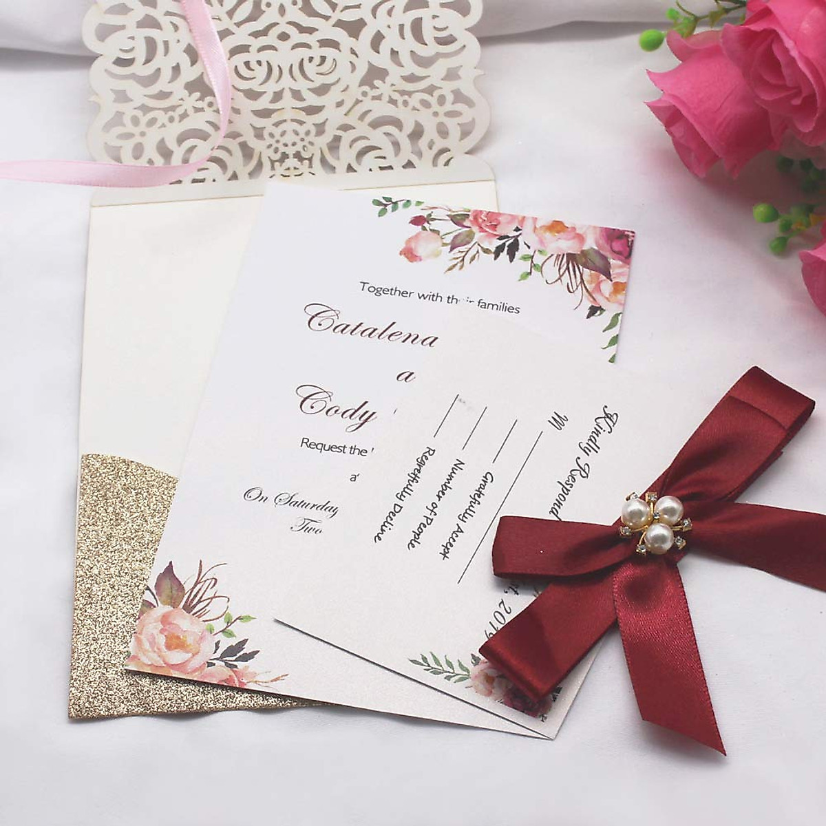 AdasBridal 25Pcs Gold Glitter Laser Cut Invitations with RSVP Cards and Envelopes Luxury Diamond and Ribbon Design with 250GSM Pearl Paper Insert For Wedding Engagement Birthday Quinceanera Invite