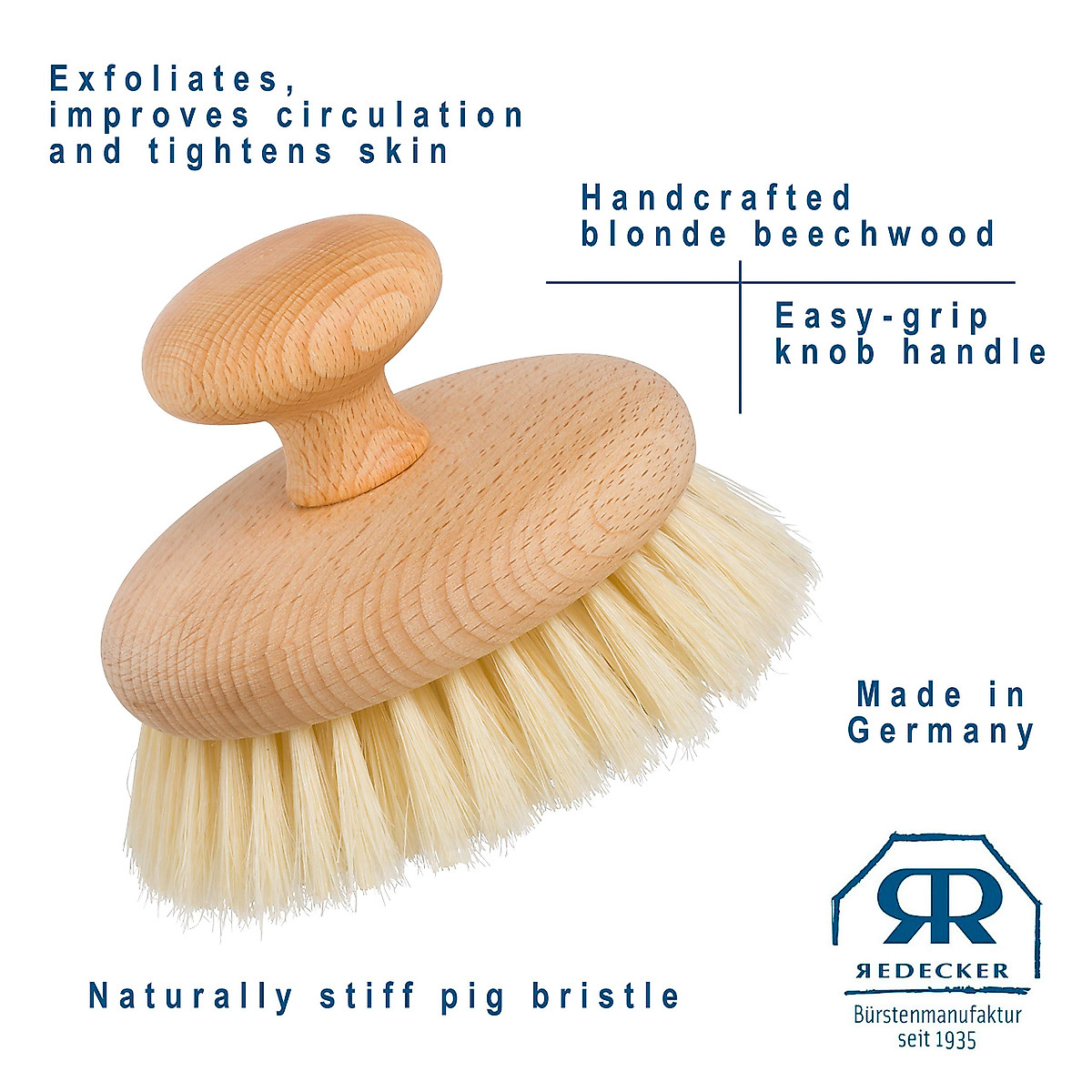 Redecker Natural Pig Bristle Massage Brush with Oiled Beechwood Knob, 3-7/8-Inches