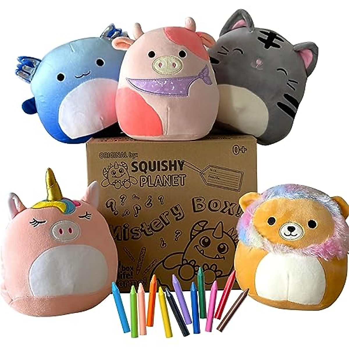 SQUISHY PLANET - 8" Plush Pillow - 5 Pack in Super Mystery Box (+ Pack Crayons) - Decorative Pillows for Bed, Sofá or Chair Cute Plushies Jumbo - Great Gift!
