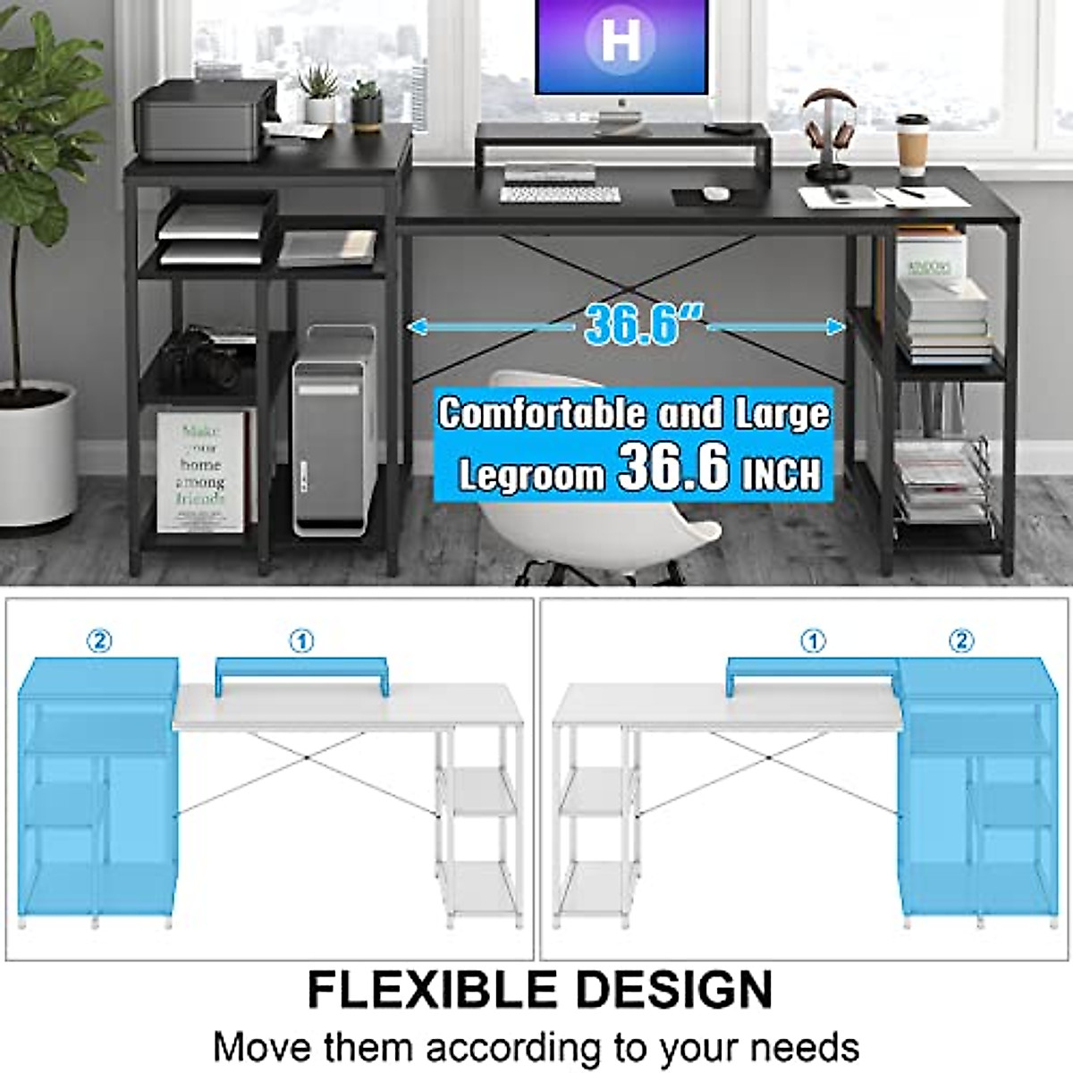 HYPIGO Desk with Printer Space Home Office Desks 69 Inch Computer Desk with Storage Study Table Writing Desk with Shelves and Bookshelf Large Gaming Desk with Monitor Shelf Easy Assemble, Black