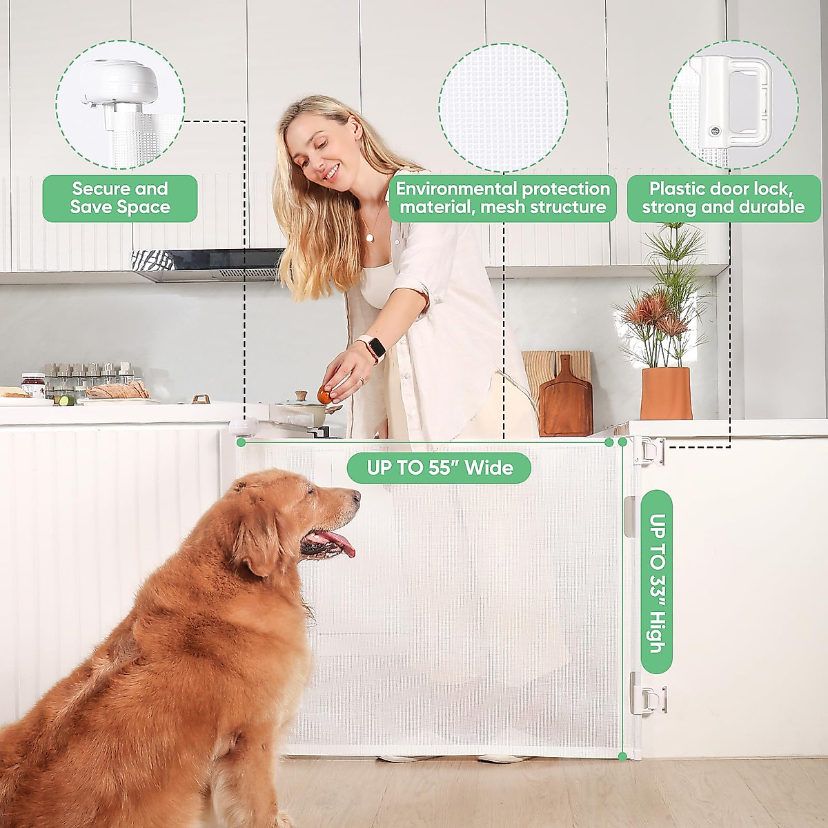 Likzest Retractable Baby Gate, Mesh Baby and Pet Gate 33" Tall, Extends up to 55" Wide, Child Safety Baby Gates for Stairs Doorways Hallways, Dog Gate Cat Gate for Indoor and Outdoor (White)