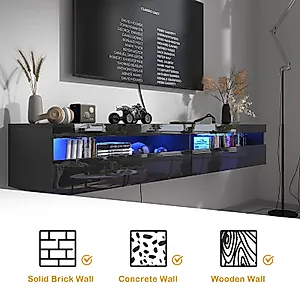 EXQUAL Modern Floating TV Stand, Black, 70.8''L x 16.3''W x 11.8''H, Wall Mounted TV Shelf with LED Lights & Power Outlet, 110 lbs Weight Capacity, for Living Room & Bedroom