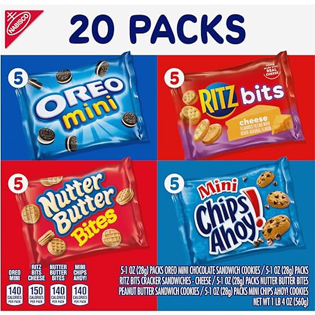 Nabisco Classic Mix Variety Pack, OREO Mini, CHIPS AHOY! Mini, Nutter Butter Bites, RITZ Bits Cheese, 20 Snack Packs