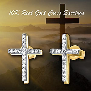 10K Real Gold Moissanite Cross Stud Earrings for Women, MUUYON 10K Solid Yellow Gold Simple Cute Elegant Studs, Ideal Gift for Women Mother Wife