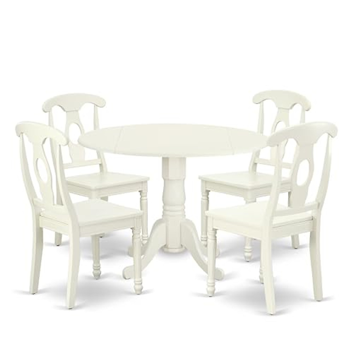East West Furniture DLKE5-LWH-W 5 Piece Dining Room Furniture Set Includes a Round Kitchen Table with Dropleaf and 4 Dining Chairs, 42x42 Inch, Linen White