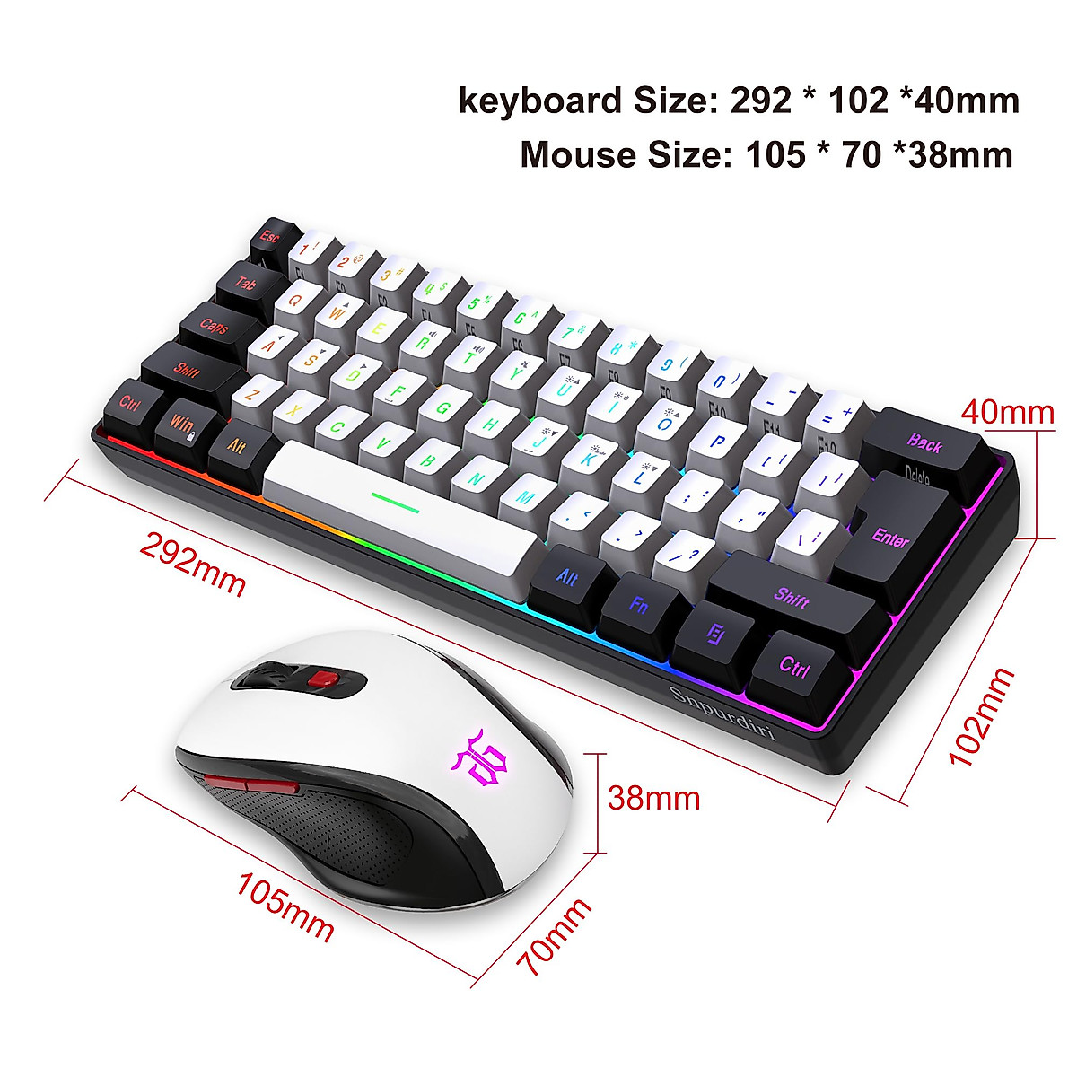 Snpurdiri 2.4G Wireless Gaming Keyboard and Mouse Combo, Include Mini 60% Merchanical Feel RGB Backlit Keyboard, Ergonomic Vertical Feel Small Wireless Mouse(Black and White)