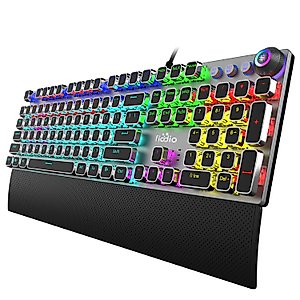 Fiodio Mechanical Gaming Keyboard, LED Rainbow Gaming Backlit, 104 Anti-ghosting Keys, Quick-Response Black Switches, Multimedia Control for PC and Desktop Computer, with Removable Hand Rest