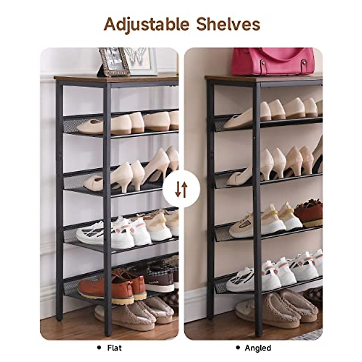 Kavonty Shoe Rack 5 Tier,Shoe Rack Organizer for Closet Entryway with Storage Shelves and Spacious Top,20-25 Pairs Shoes，Shoe Shelf, Steel Frame,Industrial, Rustic Brown and Black