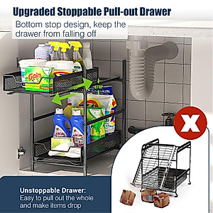 Housolution Under Sink Organizer and Storage, 2 Tier Metal Slide Out Under Cabinet Organizer with Stoppable Drawer, Height Adjustable Under Sink Shelf for Kitchen and Bathroom, Black