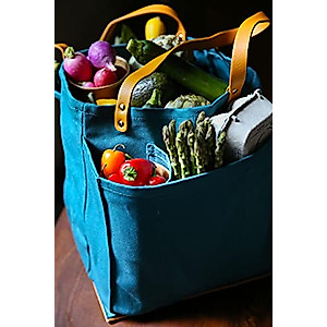 CapaBunga Farmer's Market Tote Shopping Bags with Handles - 7 Pocket Large Utility Tote Bag - Heavy Duty Canvas Utility Bag with Vegan Leather Base - Reusable Tote Bag - Brown Grocery Bag