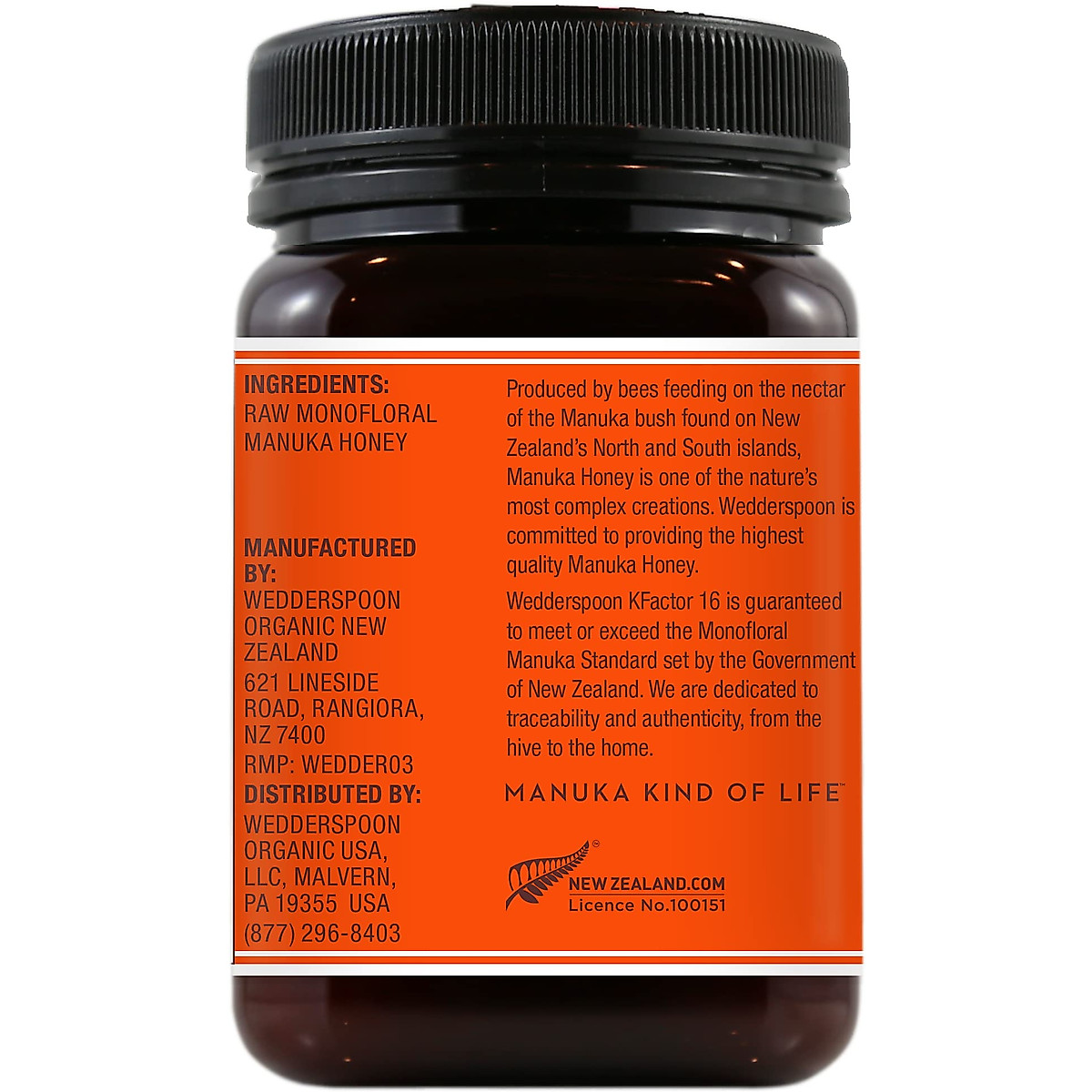 Wedderspoon Raw Premium Manuka Honey, KFactor 16, 17.6 Oz, Unpasteurized, Genuine New Zealand Honey, Traceable from Our Hives to Your Home