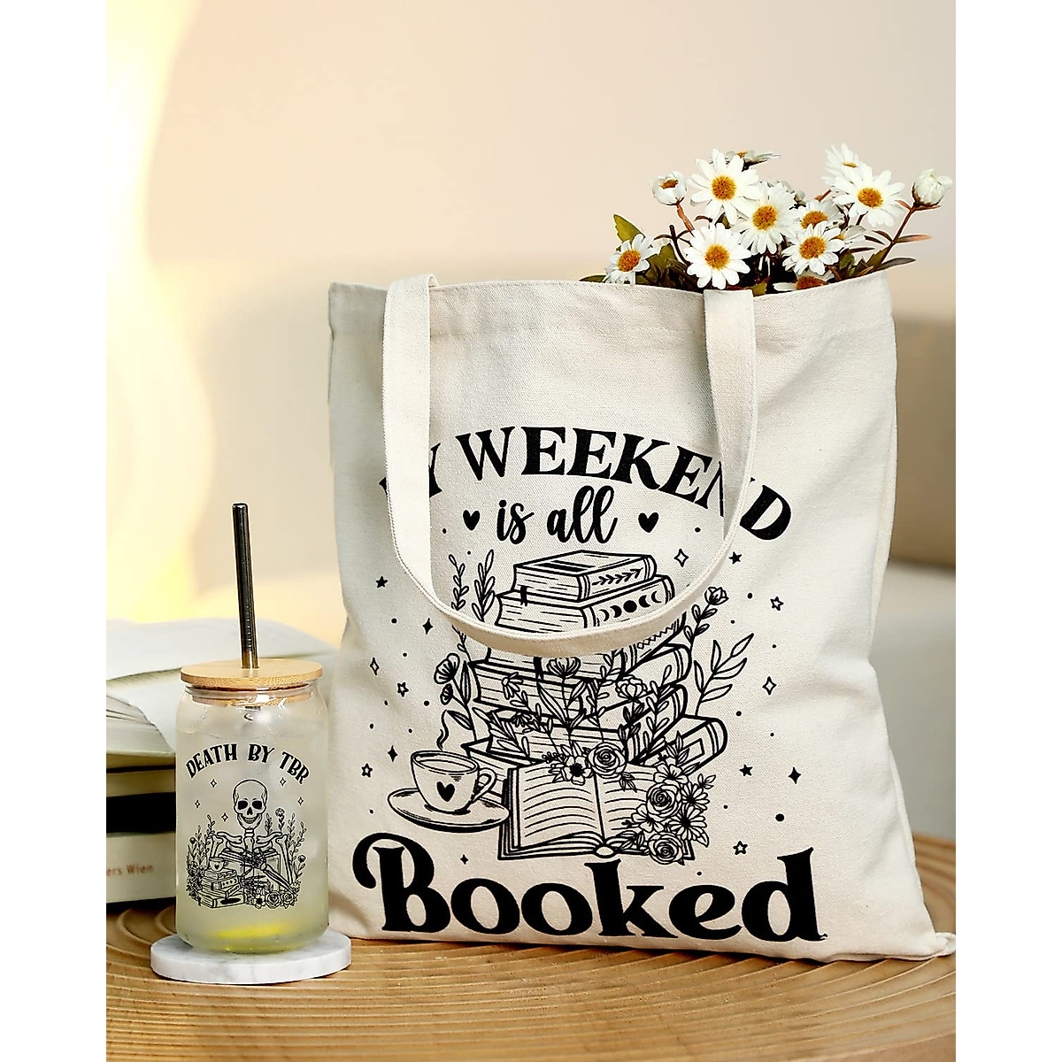 Tuitessine Bookish Gifts for Book Lover Readers Canvas Tote Bag Glass Cup Set Women Teacher Appreciation Gifts Family Birthday Presents