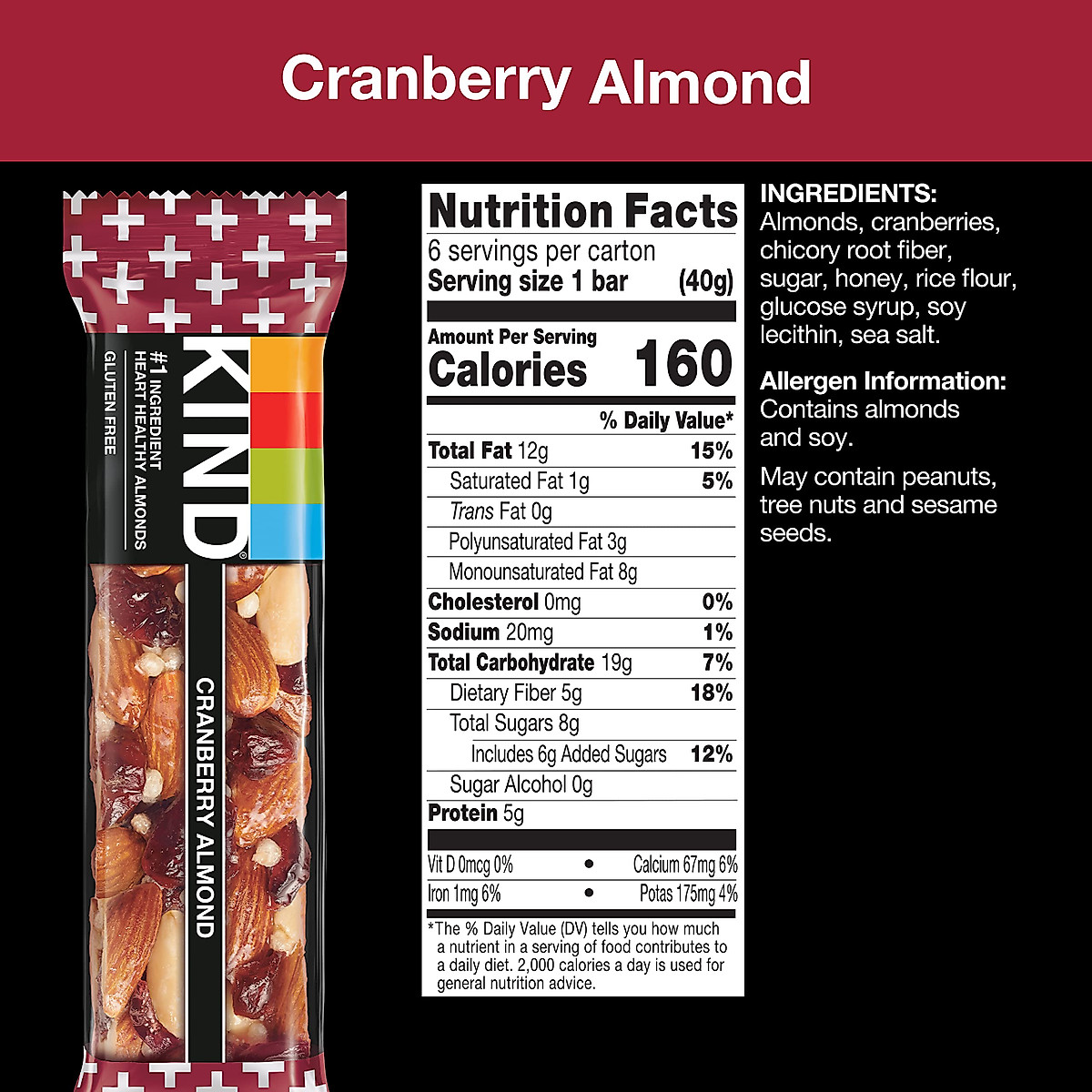 KIND Bars, Cranberry Almond, Healthy Snacks, Gluten Free, 12 Count