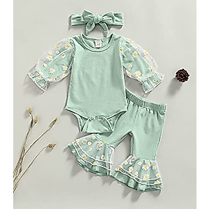 Baby Girls Bell Bottoms 3Pcs Daisy Outfits Mesh Patchwork Playsuit Flared Pants Headband (Green, 6-12 Months)