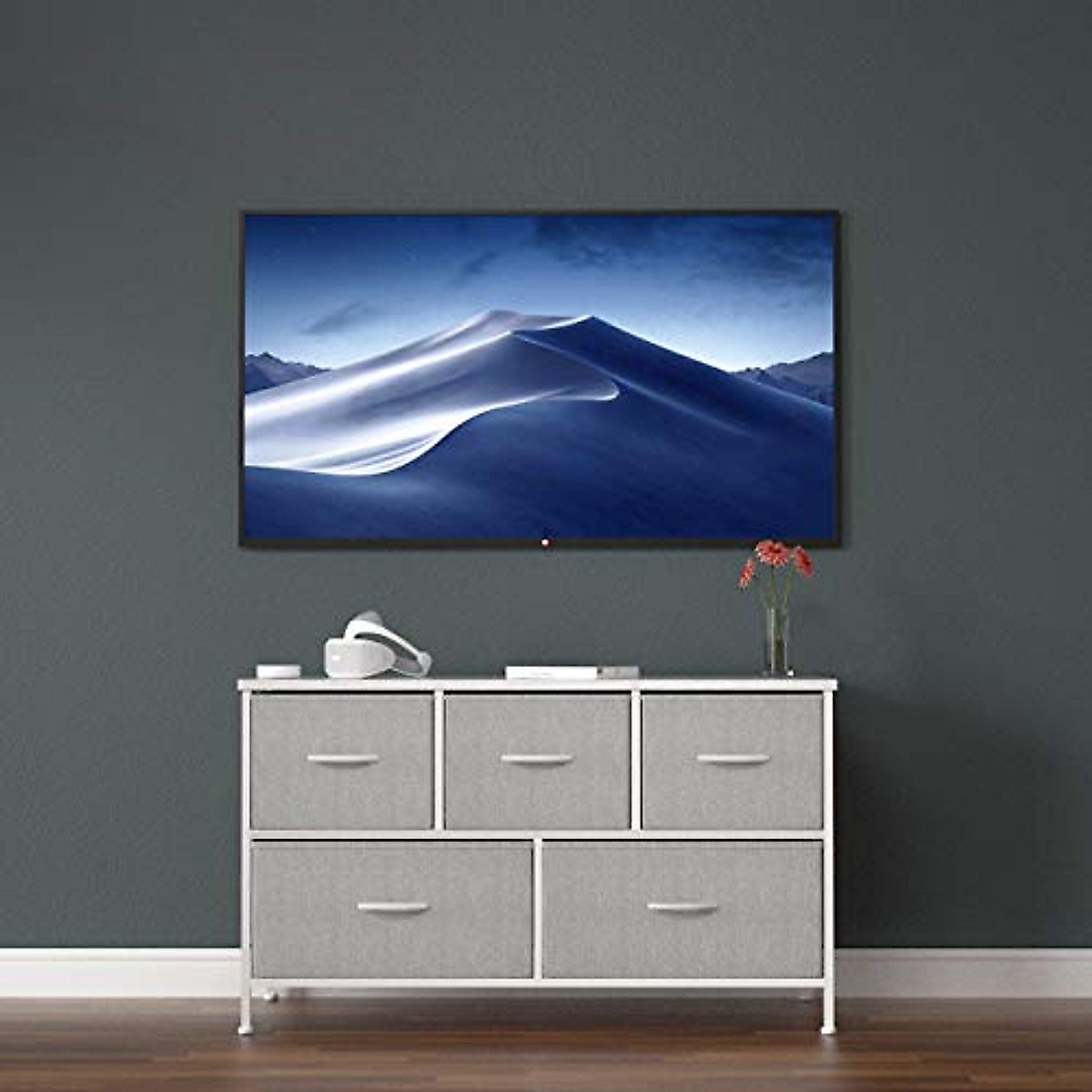 ALLZONE Dresser for Bedroom,Storage Chest Organizer, 5 Fabric Drawers Furniture for Closet, Kids Toy Organization,Wooden Table with Metal Frame, White/Gray