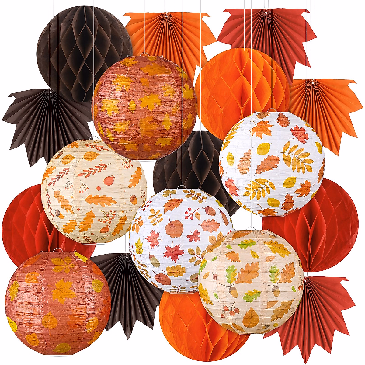 Retisee 18 Pcs Thanksgiving Party Decoration Fall Paper Lanterns Autumn Maple Leaves Paper Fans Round Honeycomb Orange Brown Lanterns Thanksgiving Hanging Decoration for Fall Harvest Party Supplies